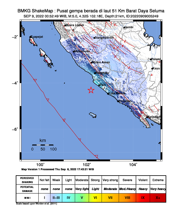 BMKG: Gempa Bumi 5,0 Kabupaten Seluma, Bengkulu, Indonesia