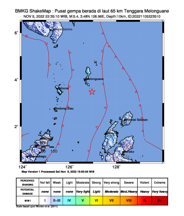 BMKG: Gempa Bumi 5,4 Kec. Melonguane, Kabupaten Kepulauan Talaud, Sulawesi Utara, Indonesia