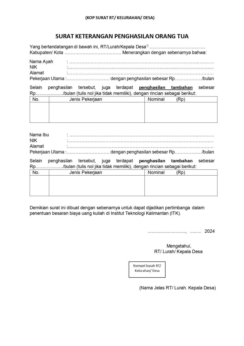 7 Contoh Surat Keterangan Penghasilan Orangtua untuk UKT