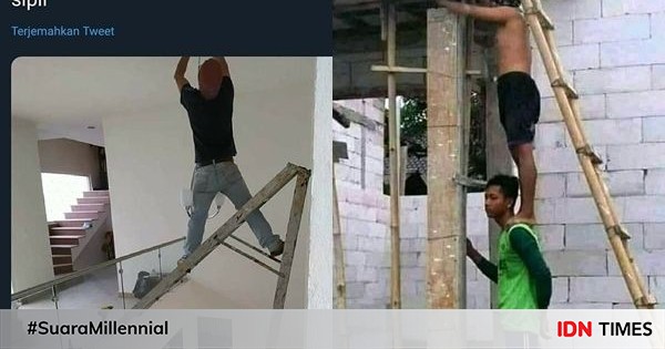 10 Potret Tukang Bangunan Naik Tangga Ini Ngeri-ngeri Sedap