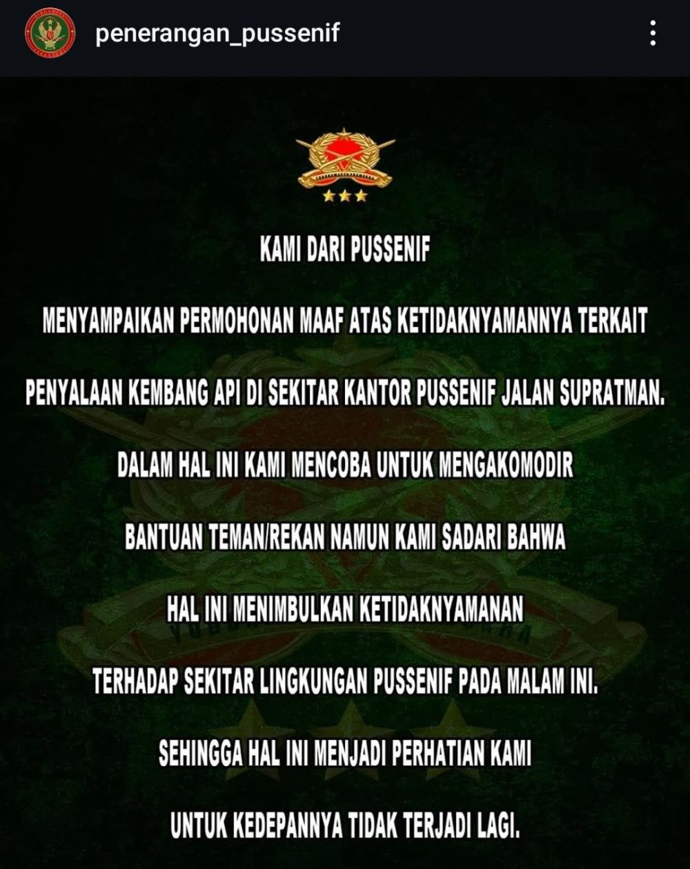 Pussenif TNI AD Minta Maaf Gegara Kembang Api yang Ganggu